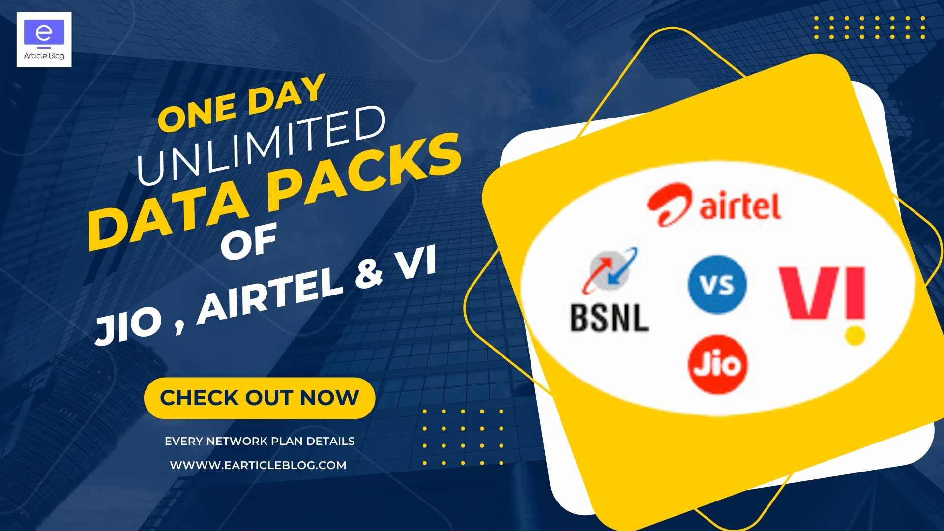 One Day Unlimited Data Packs of Jio , Airtel & VI