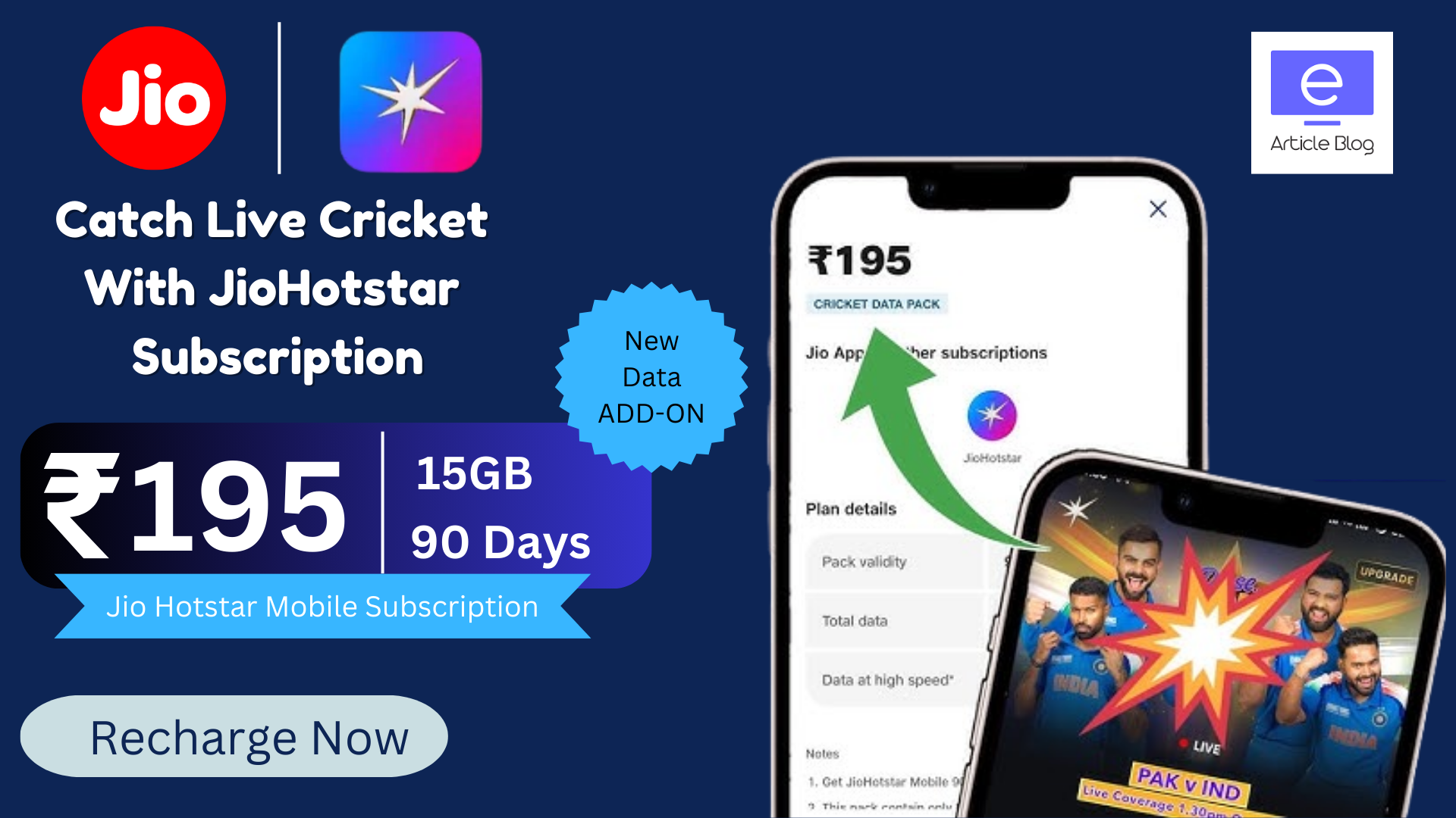 Jio Rs. 195 Prepaid Plan: Cricket Data Pack with Free JioHotstar